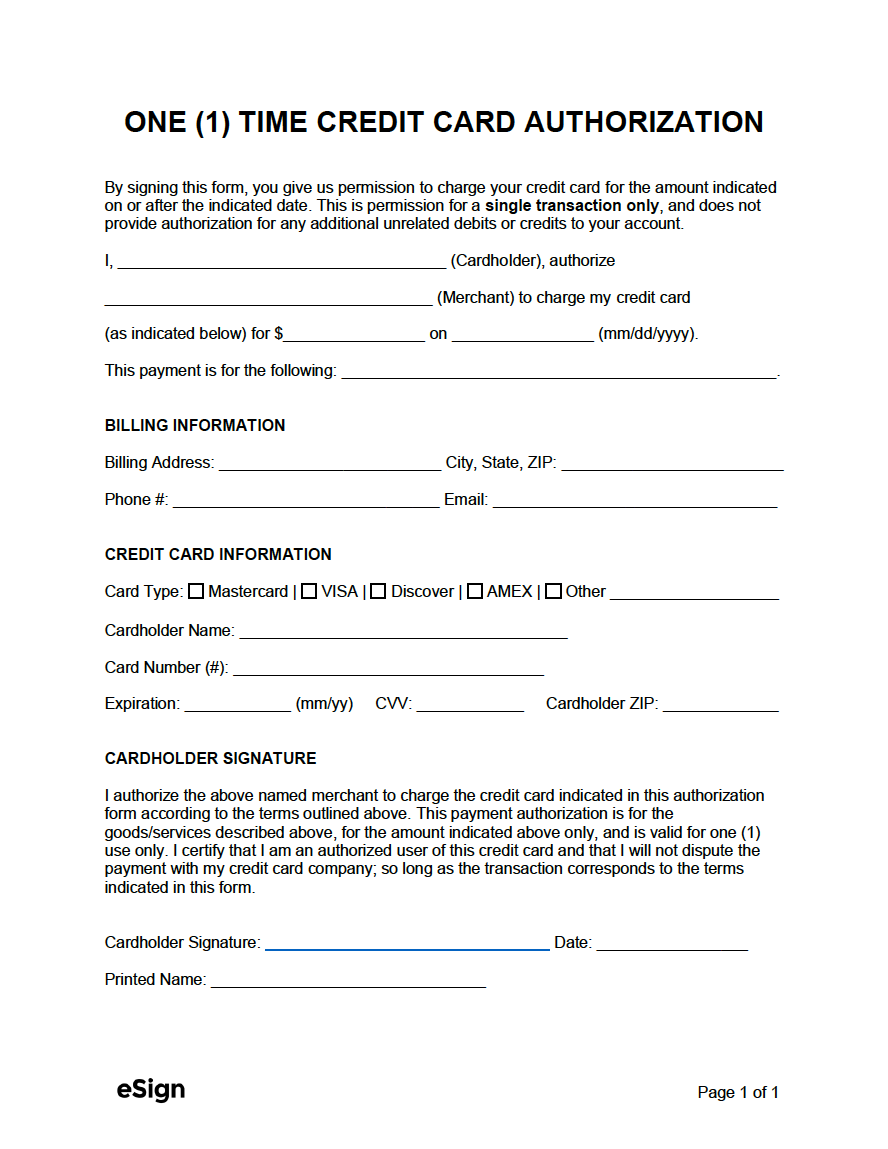 Free One 1 Time Credit Card Payment Authorization Form PDF Word