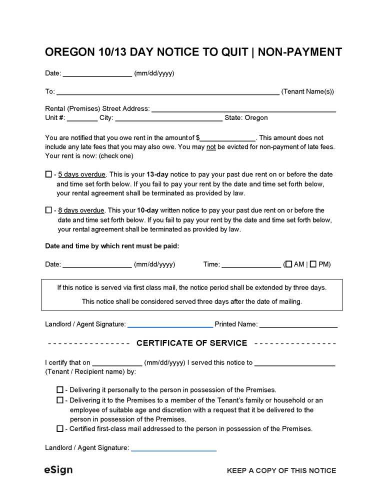 Free Oregon 10/13-Day Notice to Quit | Non-Payment | PDF | Word