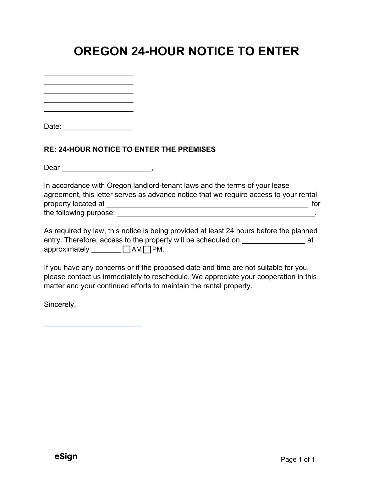 Free Oregon Landlord Notice to Enter | 24-Hour | PDF | Word