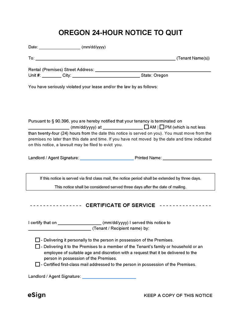 Free Oregon 24-Hour Notice to Quit | Illegal Activity | PDF | Word