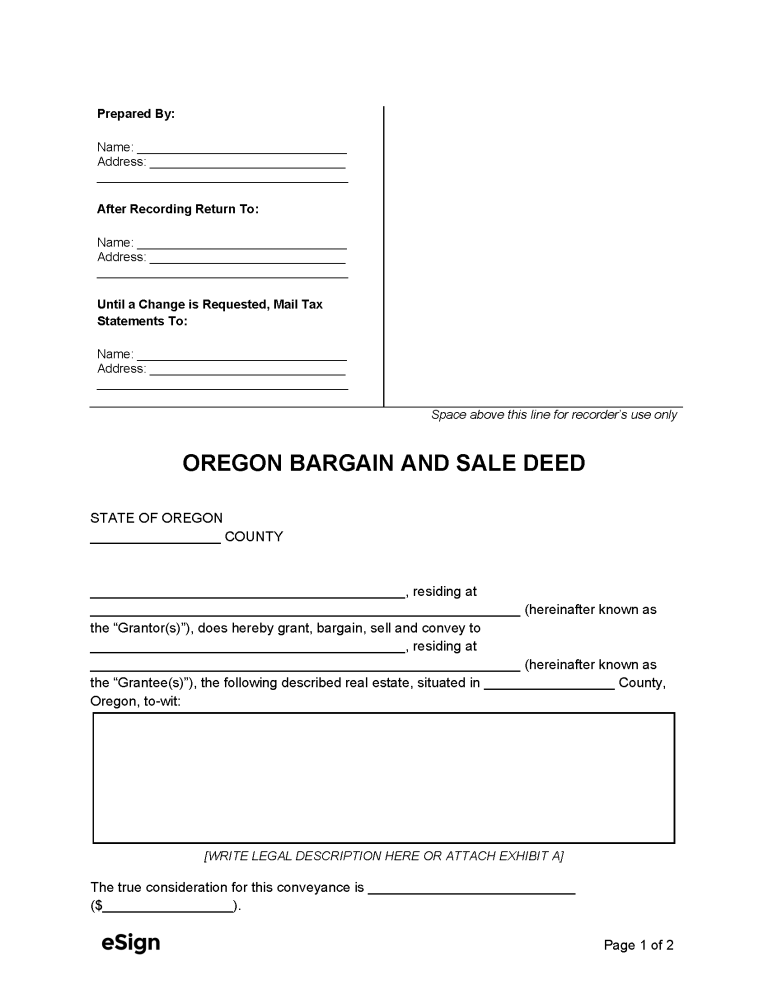 Free Oregon Bargain and Sale Deed Form | PDF | Word