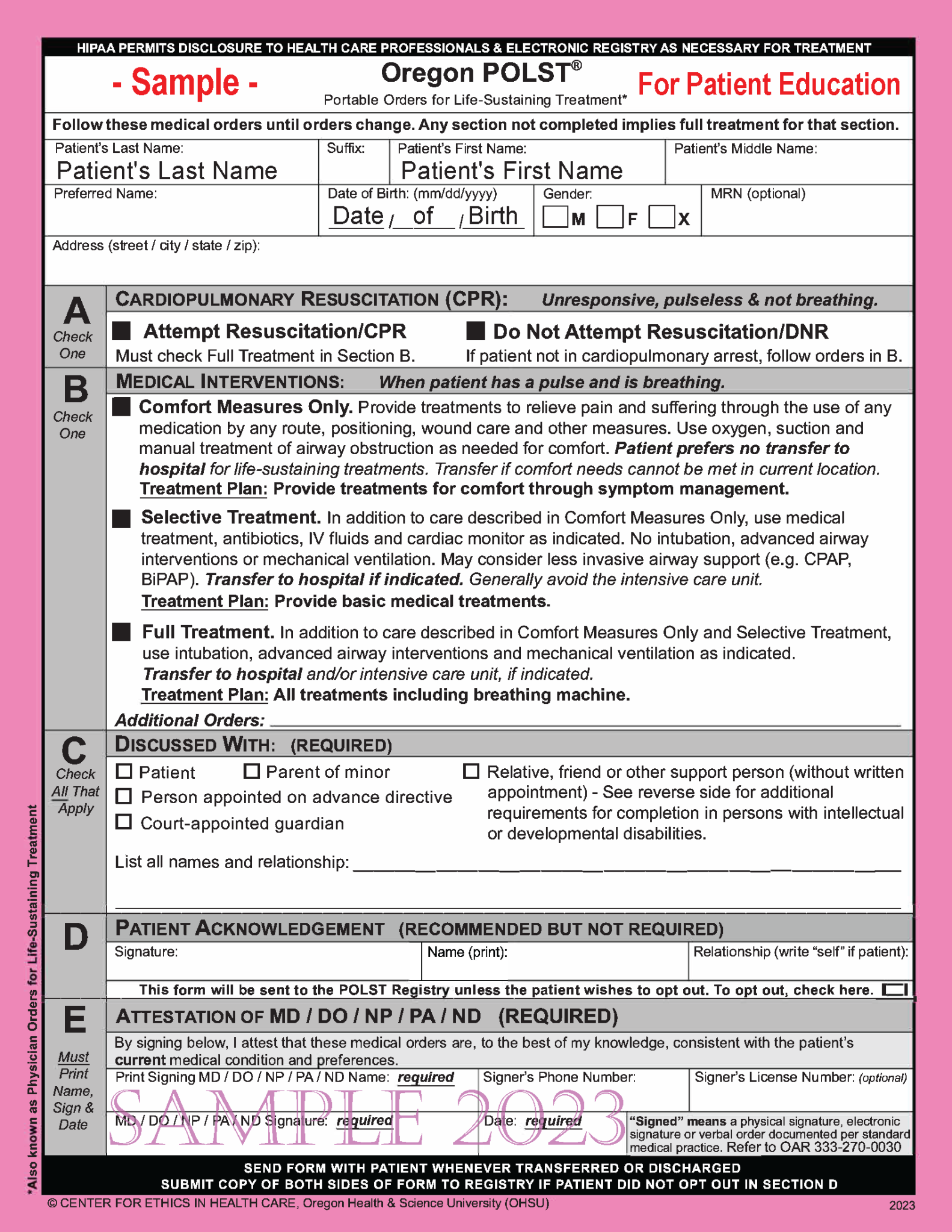 Free Oregon Do Not Resuscitate (DNR) Form - Sample | PDF