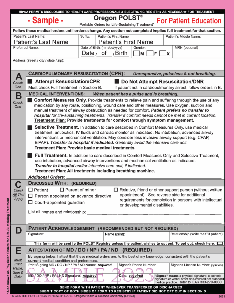 Free Oregon Do Not Resuscitate (DNR) Form - Sample | PDF