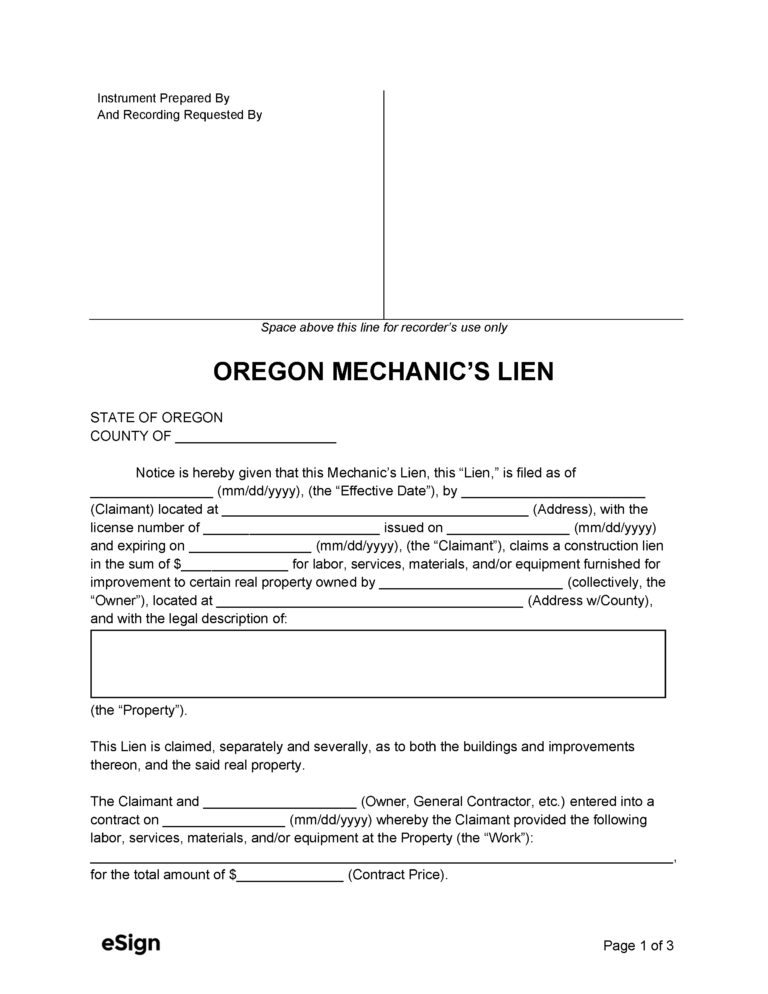 Free Oregon Mechanic's Lien Form | PDF | Word