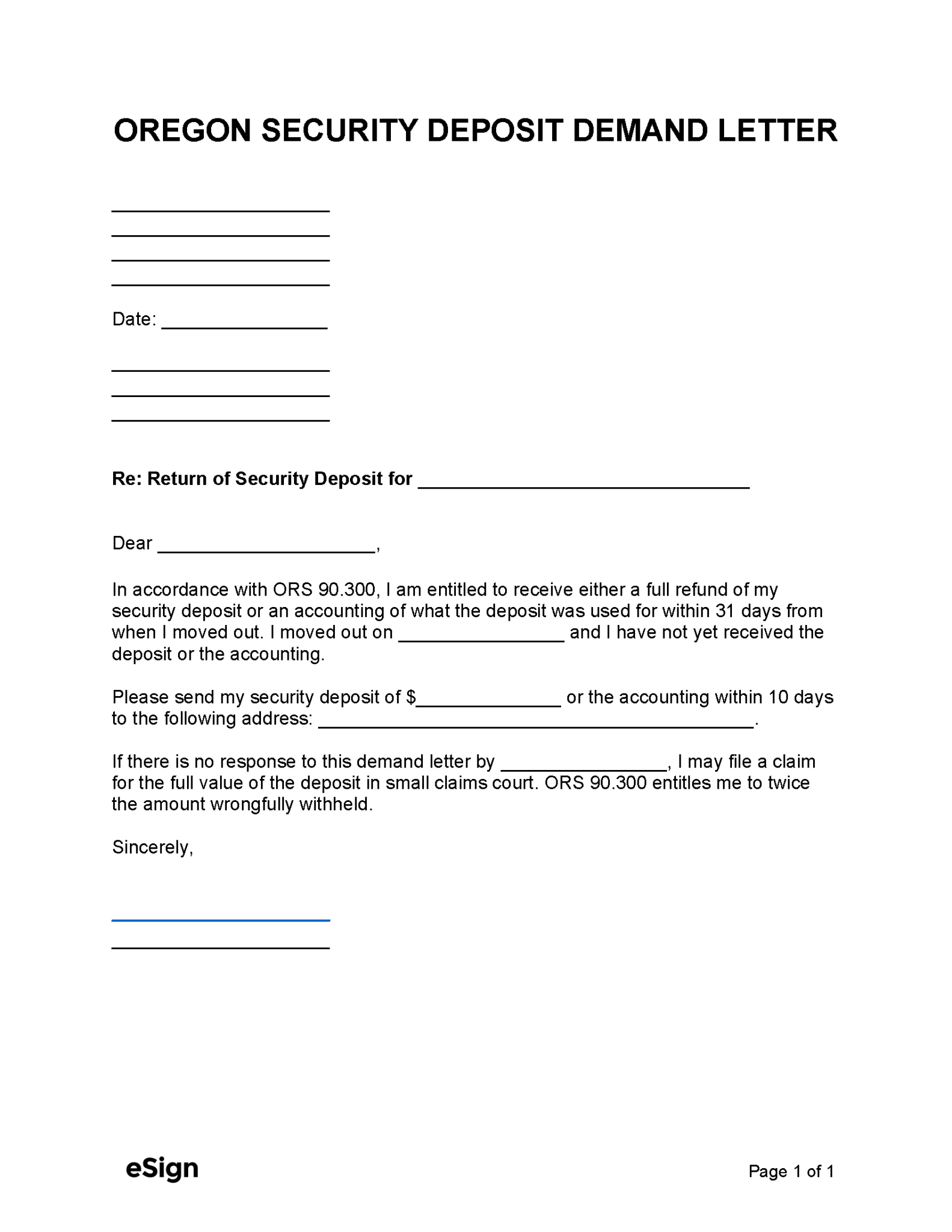 Free Oregon Security Deposit Demand Letter Template | PDF | Word