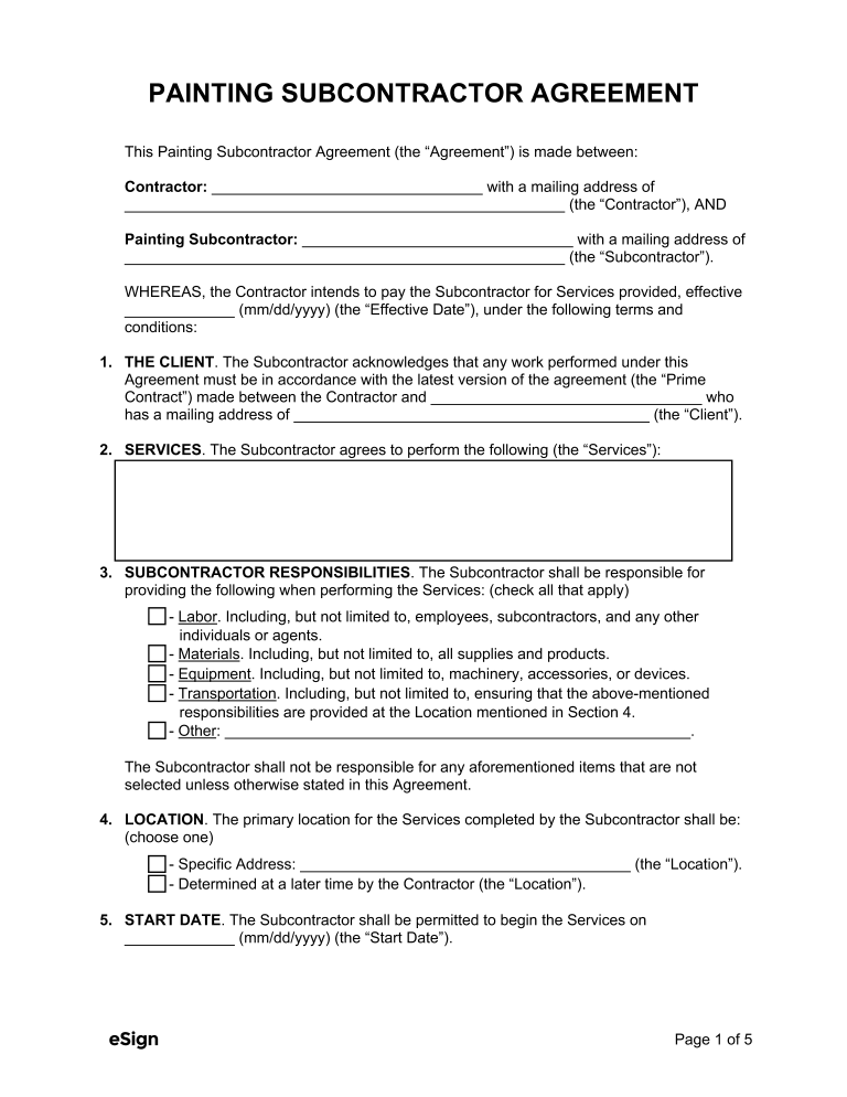 Free Painting Subcontractor Agreement PDF Word
