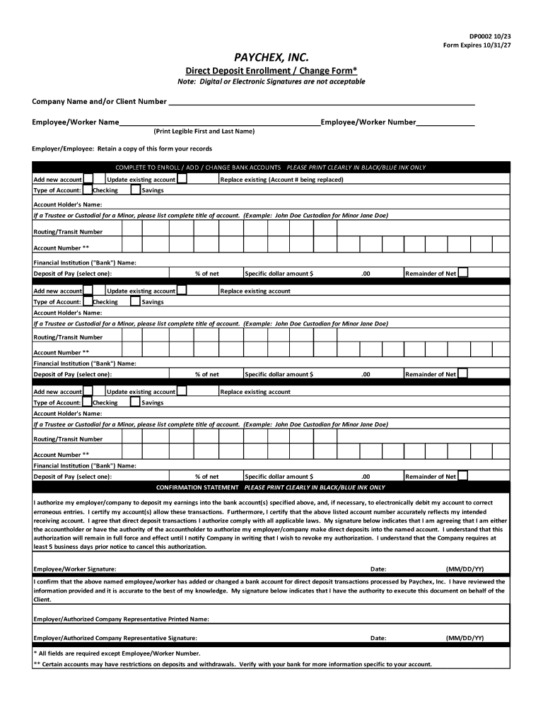 Free Paychex Direct Deposit Authorization Form (DP0002) | PDF