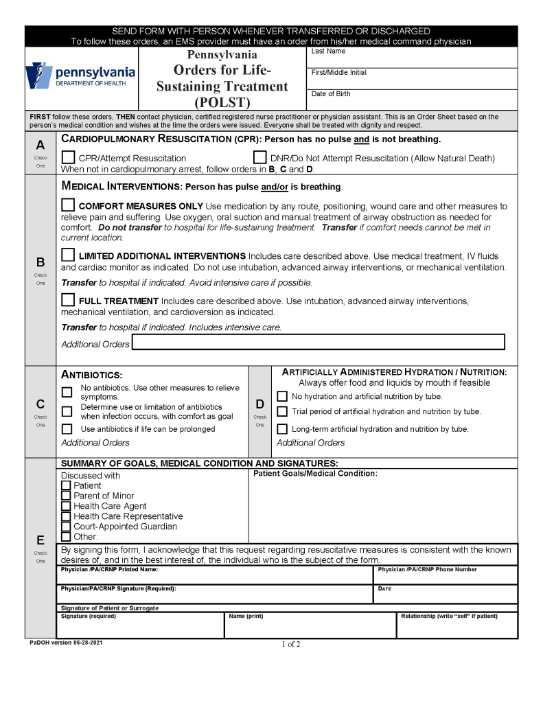 Free Pennsylvania Do Not Resuscitate (DNR) Form | PDF