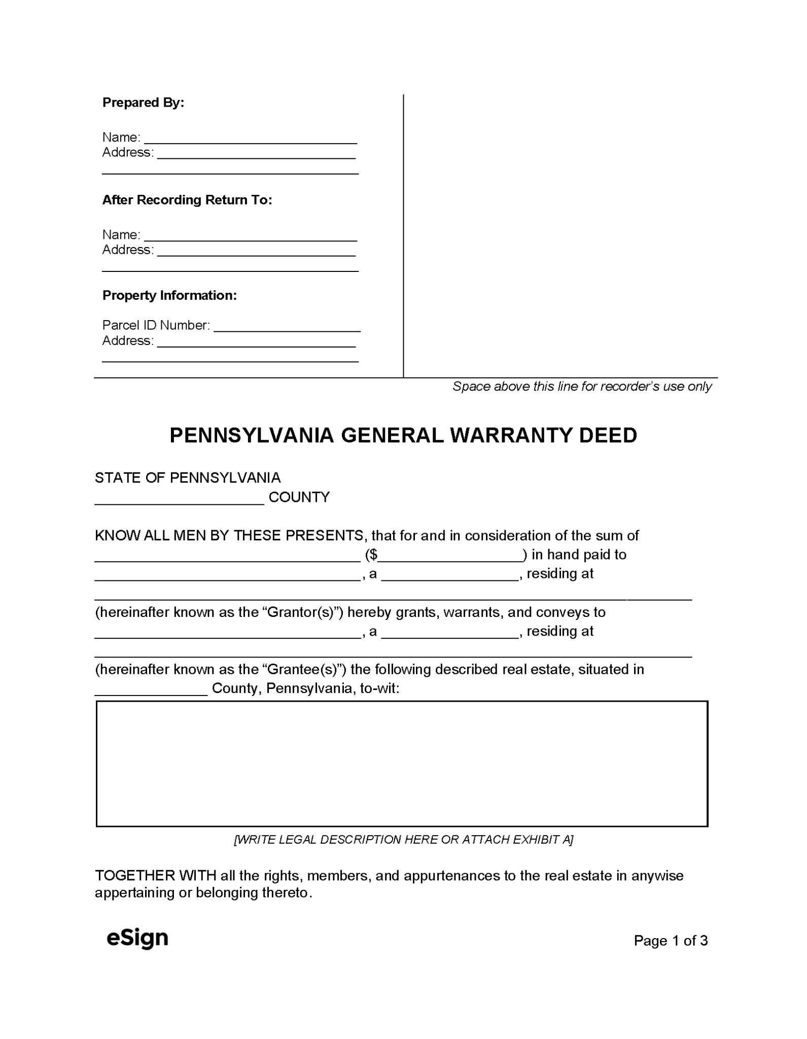 Free Pennsylvania General Warranty Deed Form | PDF | Word