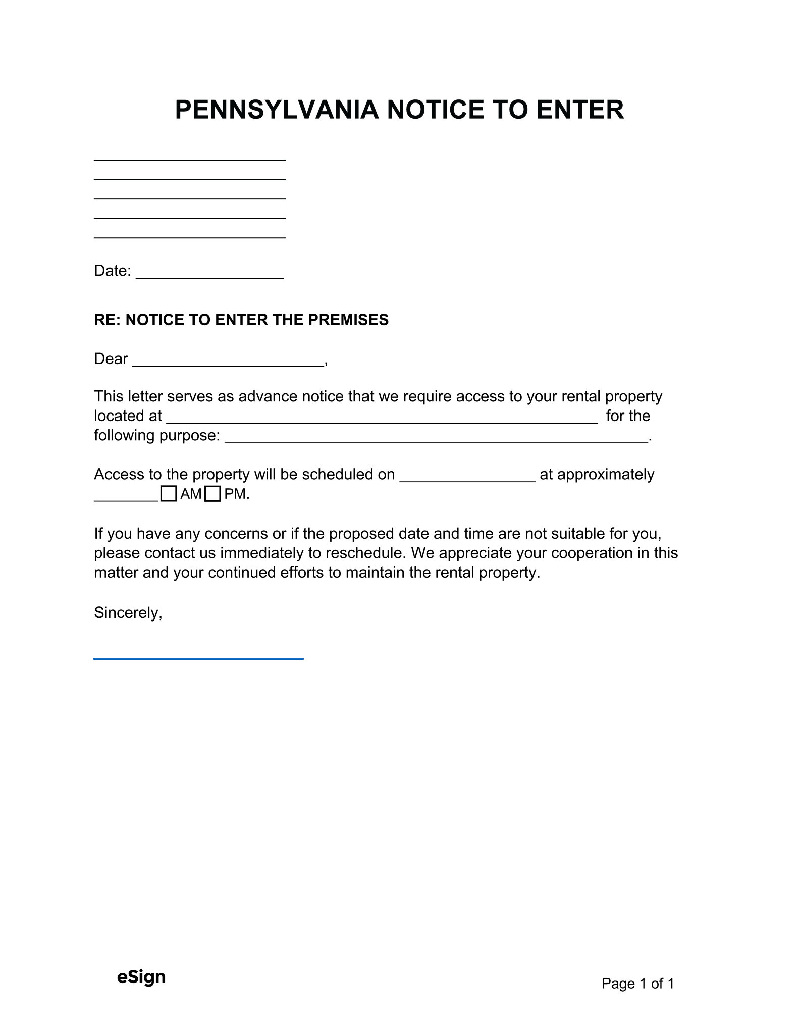 Free Pennsylvania Landlord Notice to Enter | PDF | Word