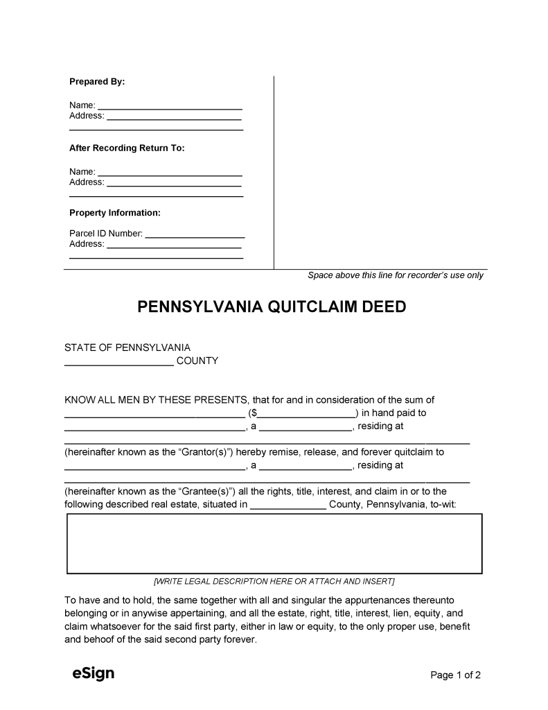 Free Pennsylvania Quitclaim Deed Form | PDF | Word