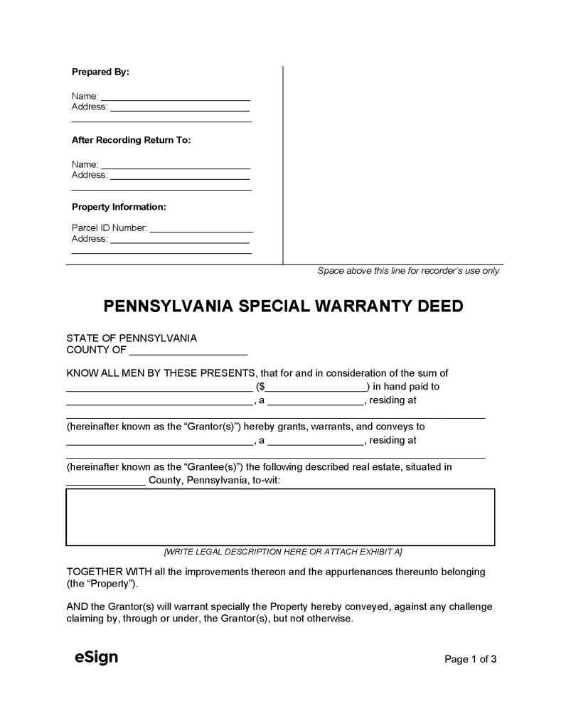Free Pennsylvania Special Warranty Deed Form | PDF | Word