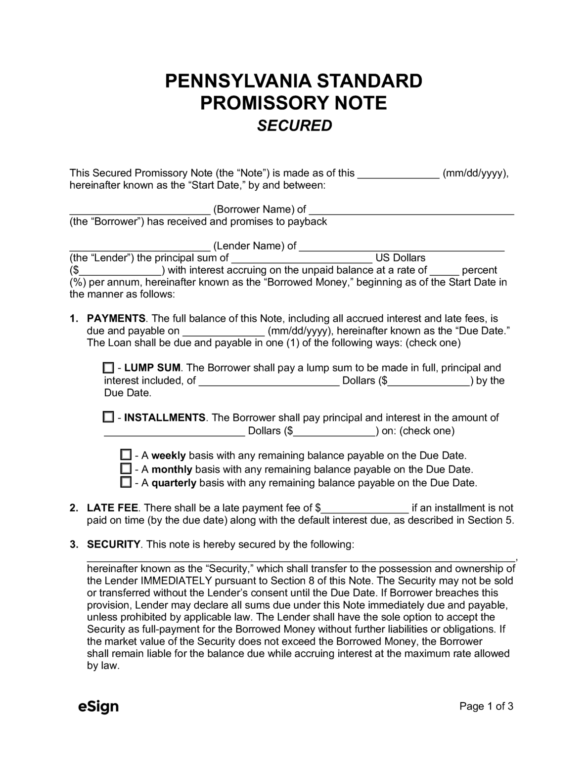 Free Pennsylvania Secured Promissory Note Template | PDF | Word