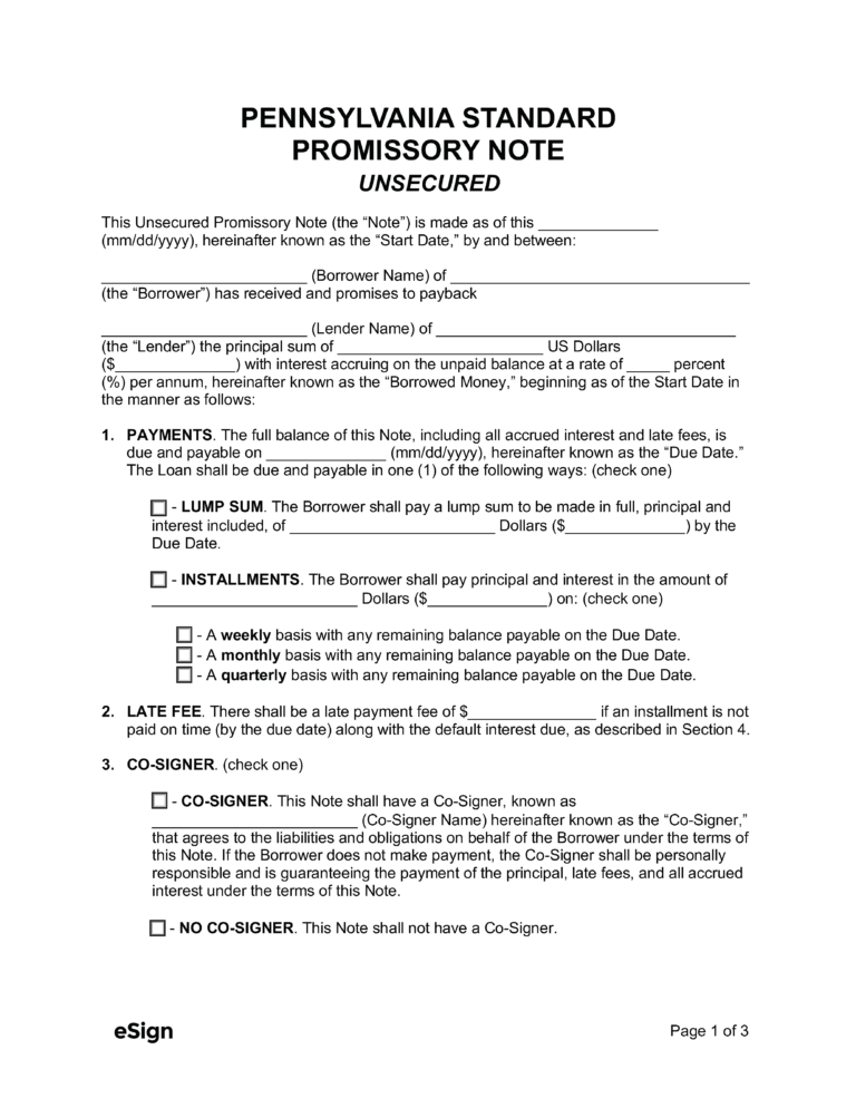 Free Pennsylvania Promissory Note Template | PDF | Word