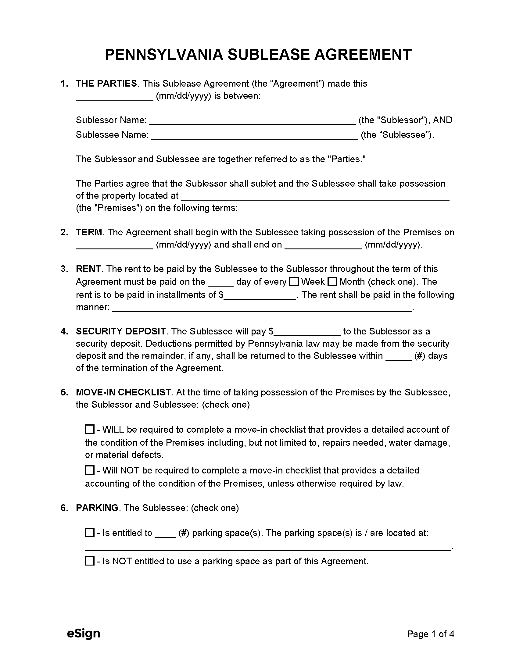 Free Pennsylvania Sublease Agreement Template PDF Word