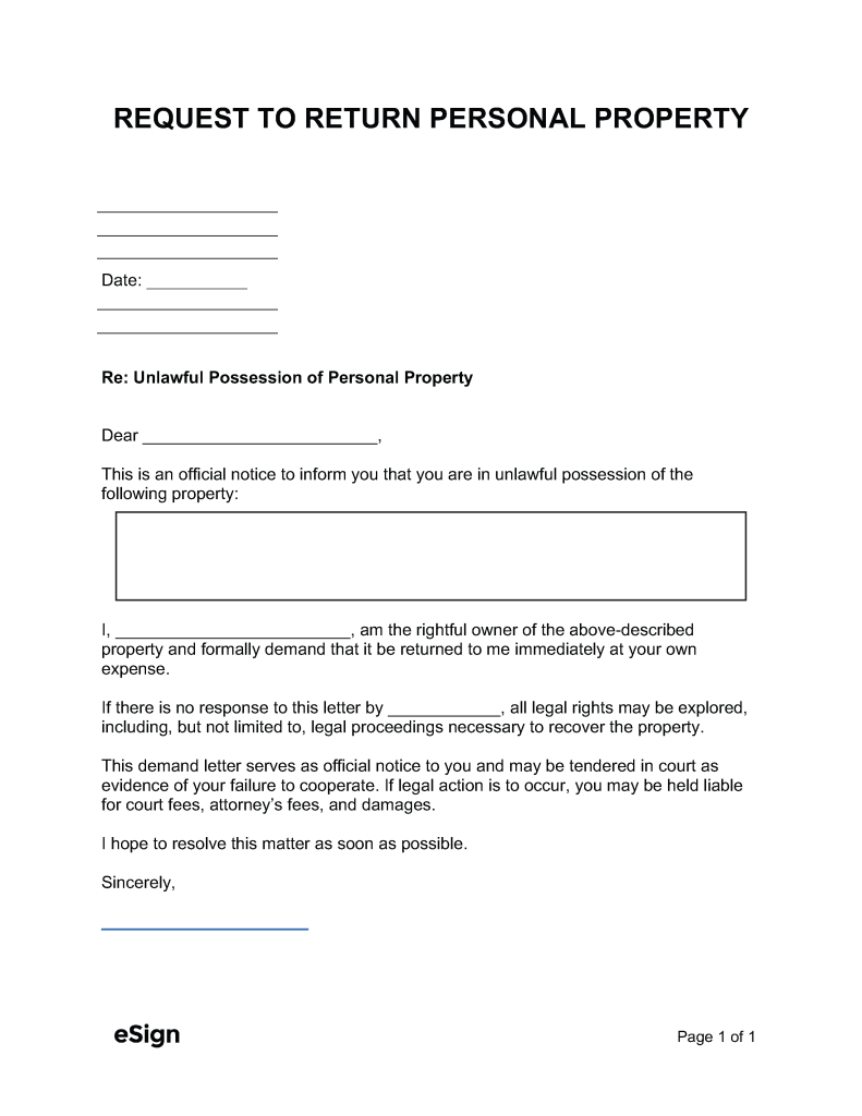 Free Return of Personal Property Letter Template | PDF | Word