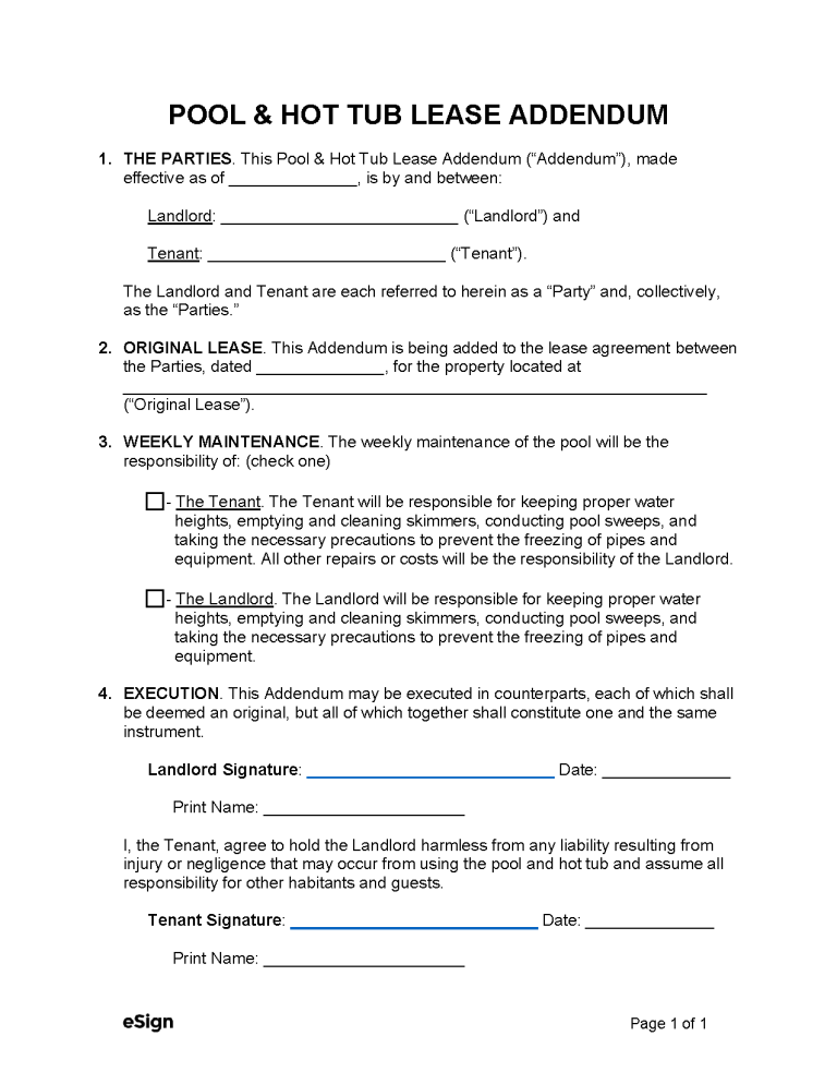 Free Pool & Hot Tub Lease Addendum Form | PDF | Word
