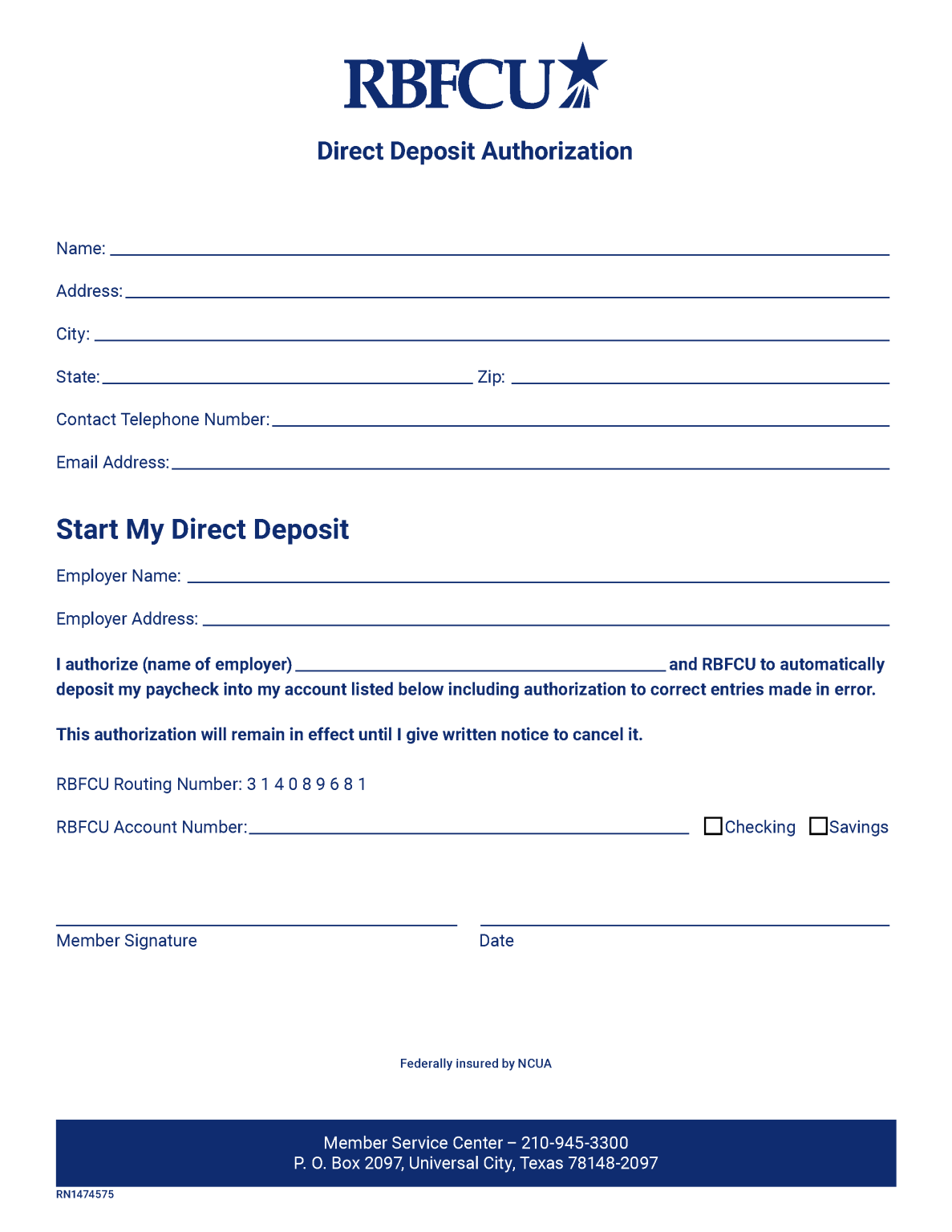 Free RBFCU Direct Deposit Authorization Form | PDF