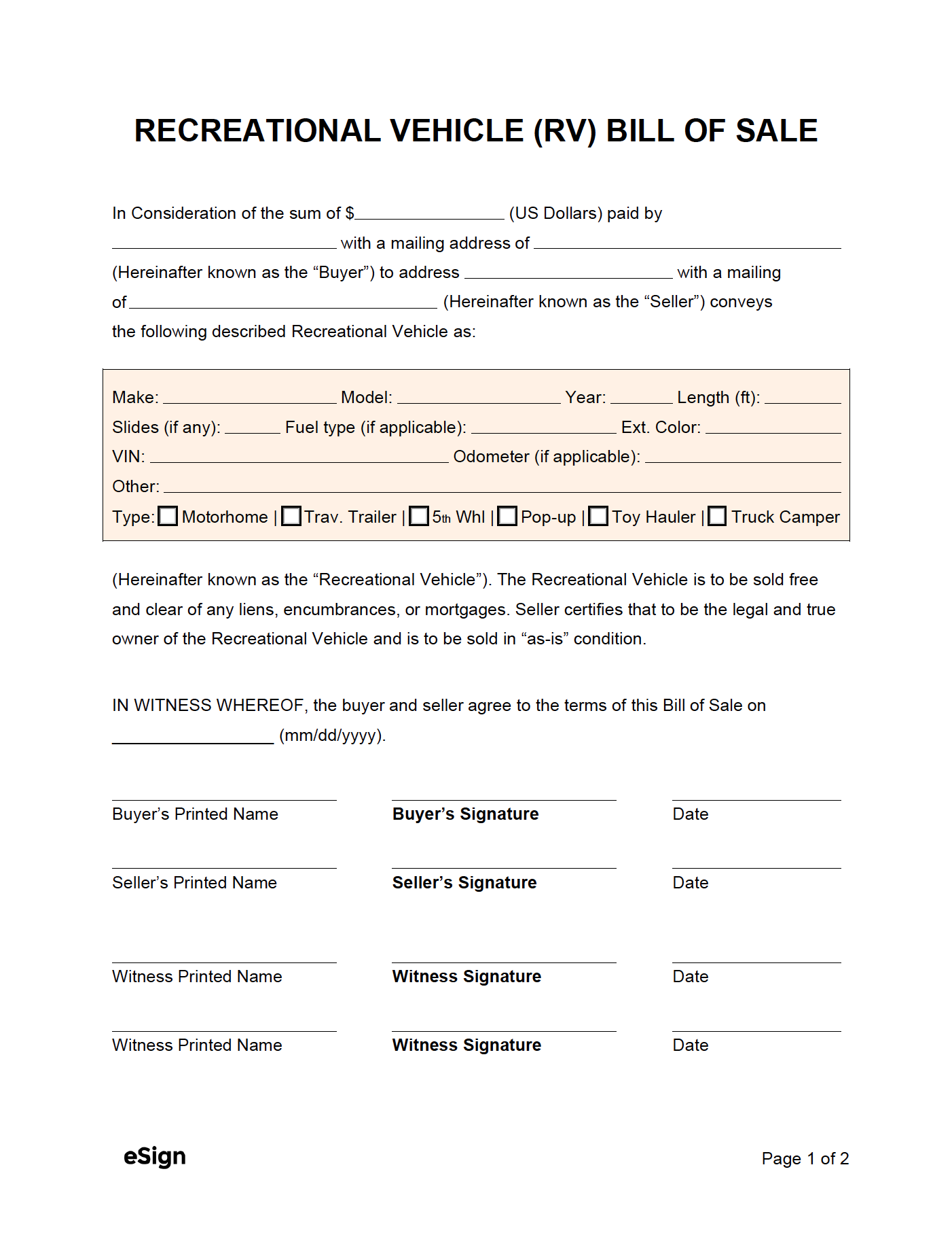 Printable Rv Bill Of Sale