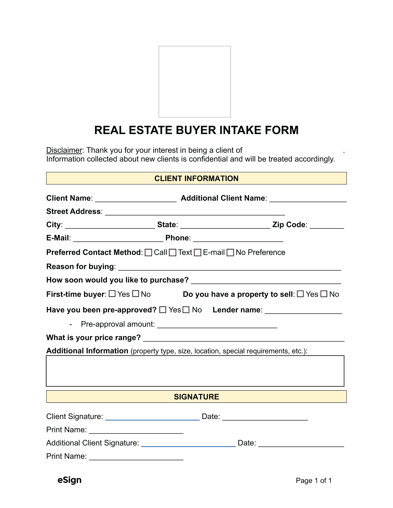 Free Real Estate Buyer Intake Form | PDF | Word