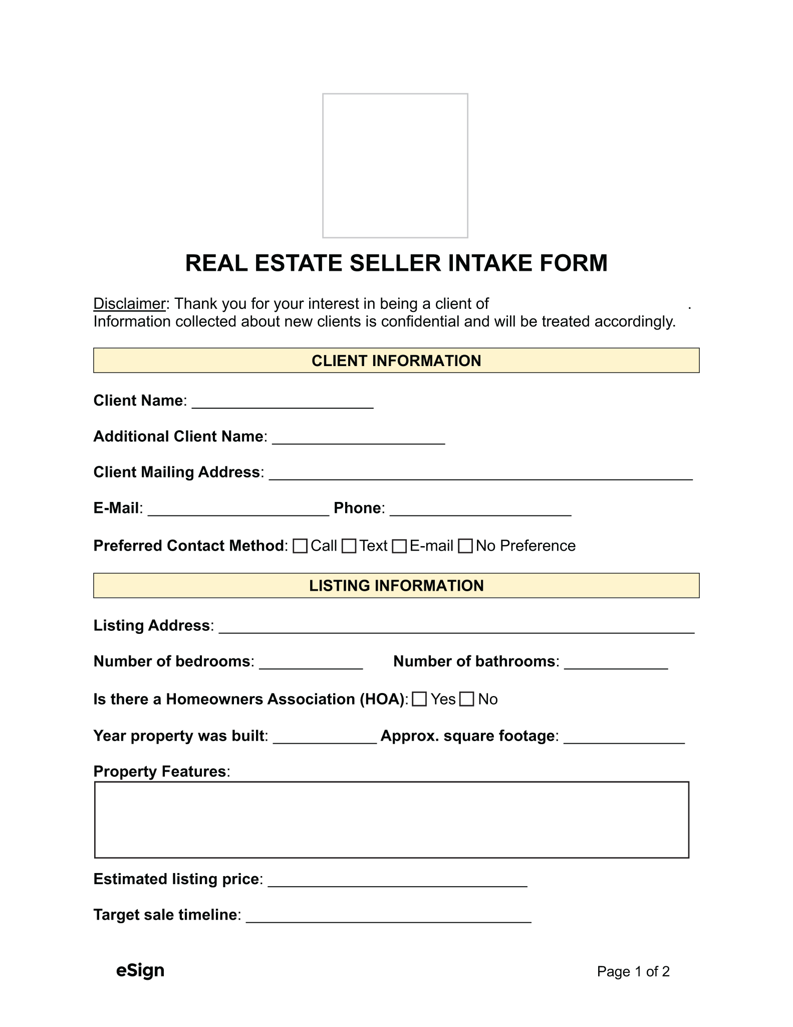 Free Real Estate Seller Intake Form | PDF | Word