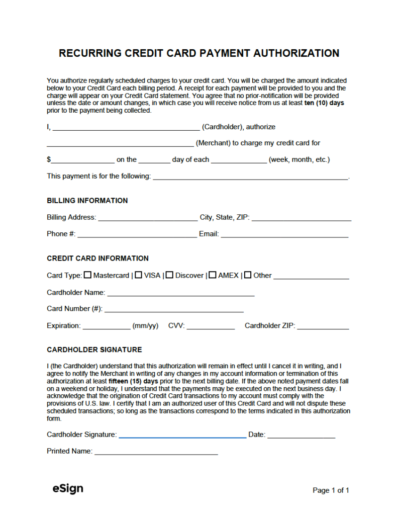 Recurring Credit Card Authorization Form Template