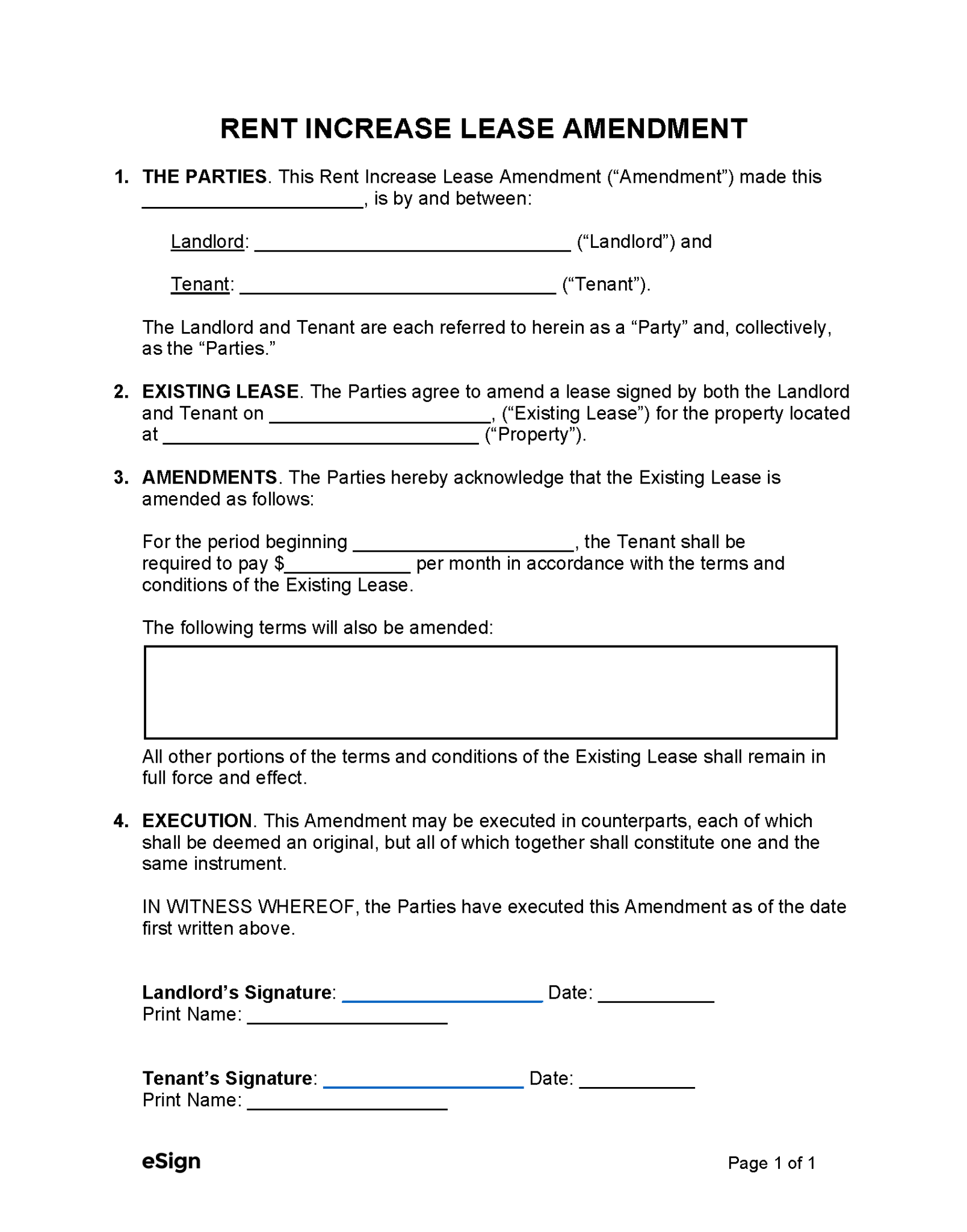 Free Rent Increase Lease Amendment Form | PDF | Word