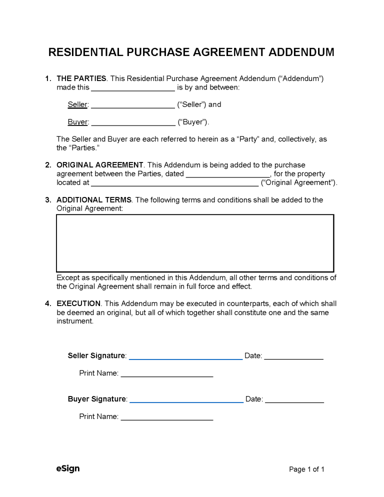 Free Residential Purchase Agreement Addendum | PDF | Word