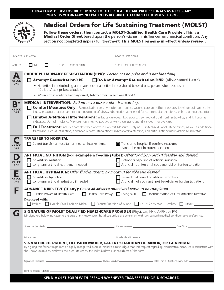 Free Rhode Island Do Not Resuscitate (DNR) Form | PDF