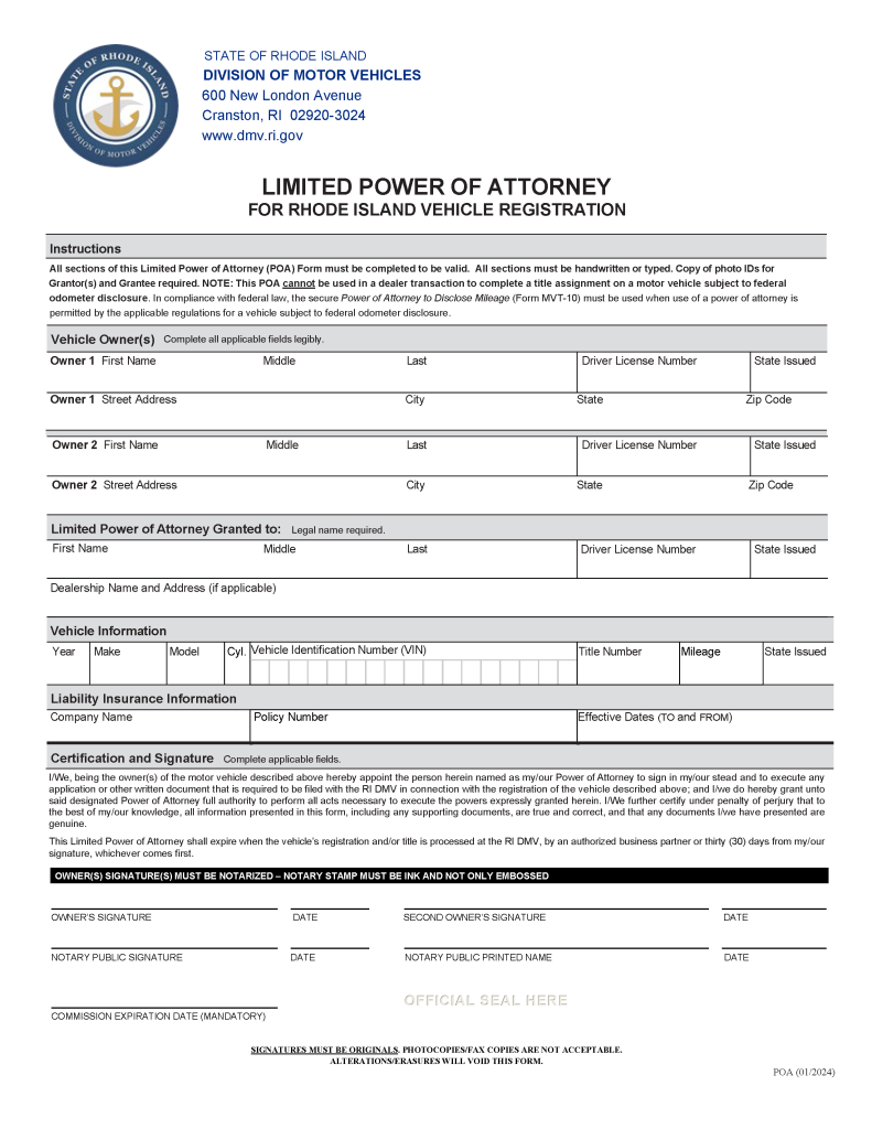 Free Rhode Island Motor Vehicle (DMV) Power of Attorney Form | PDF