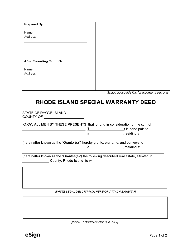 Free Rhode Island Special Warranty Deed Form | PDF | Word