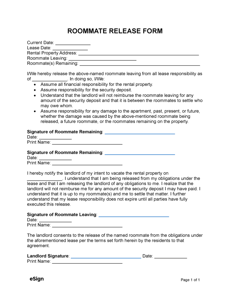 Free Roommate Release Form | PDF | Word