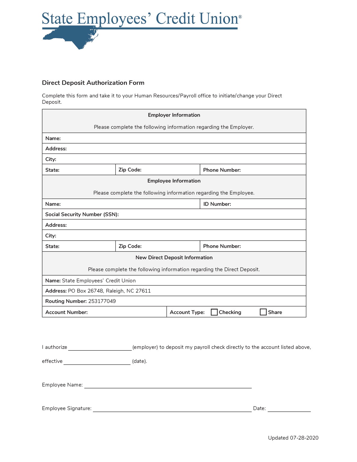 Free SECU Direct Deposit Authorization Form | PDF