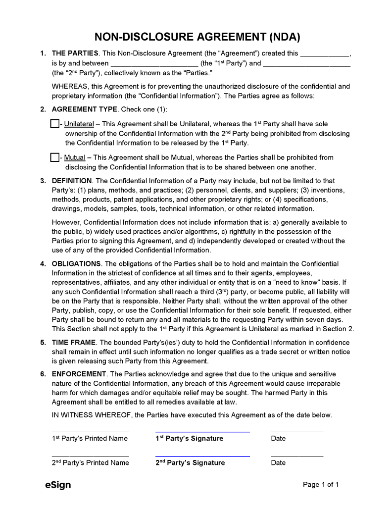 Free Simple (1-Page) Non-Disclosure Agreement (NDA) | PDF | Word