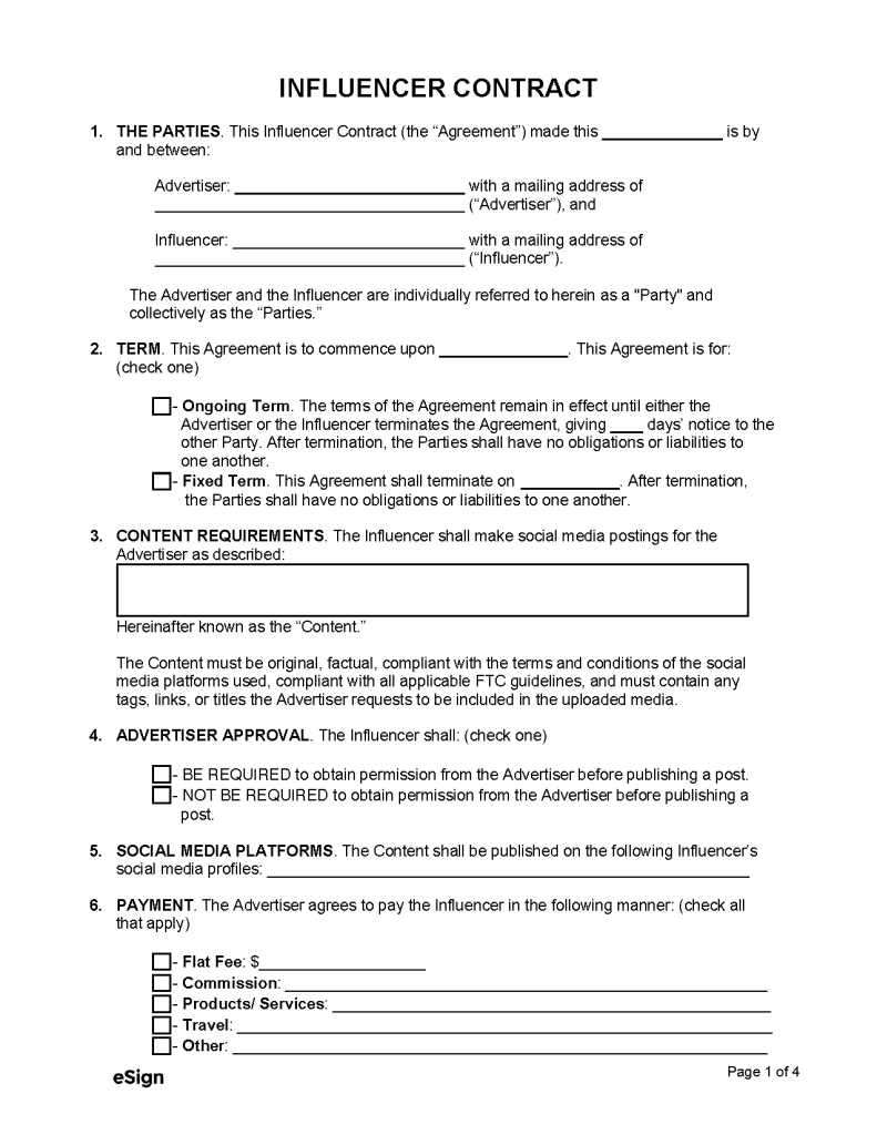 Free Social Media Influencer Contract Template | PDF | Word