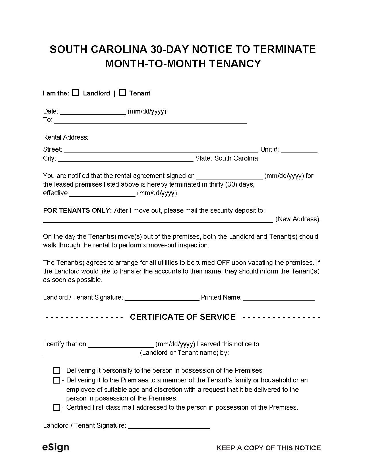 Free South Carolina 30 Day Notice To Quit Lease Termination Letter 