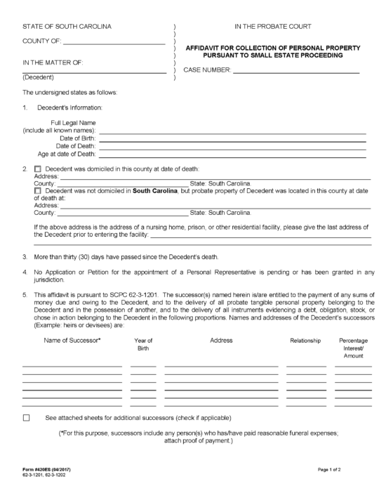 Free South Carolina Small Estate Affidavit Form | PDF