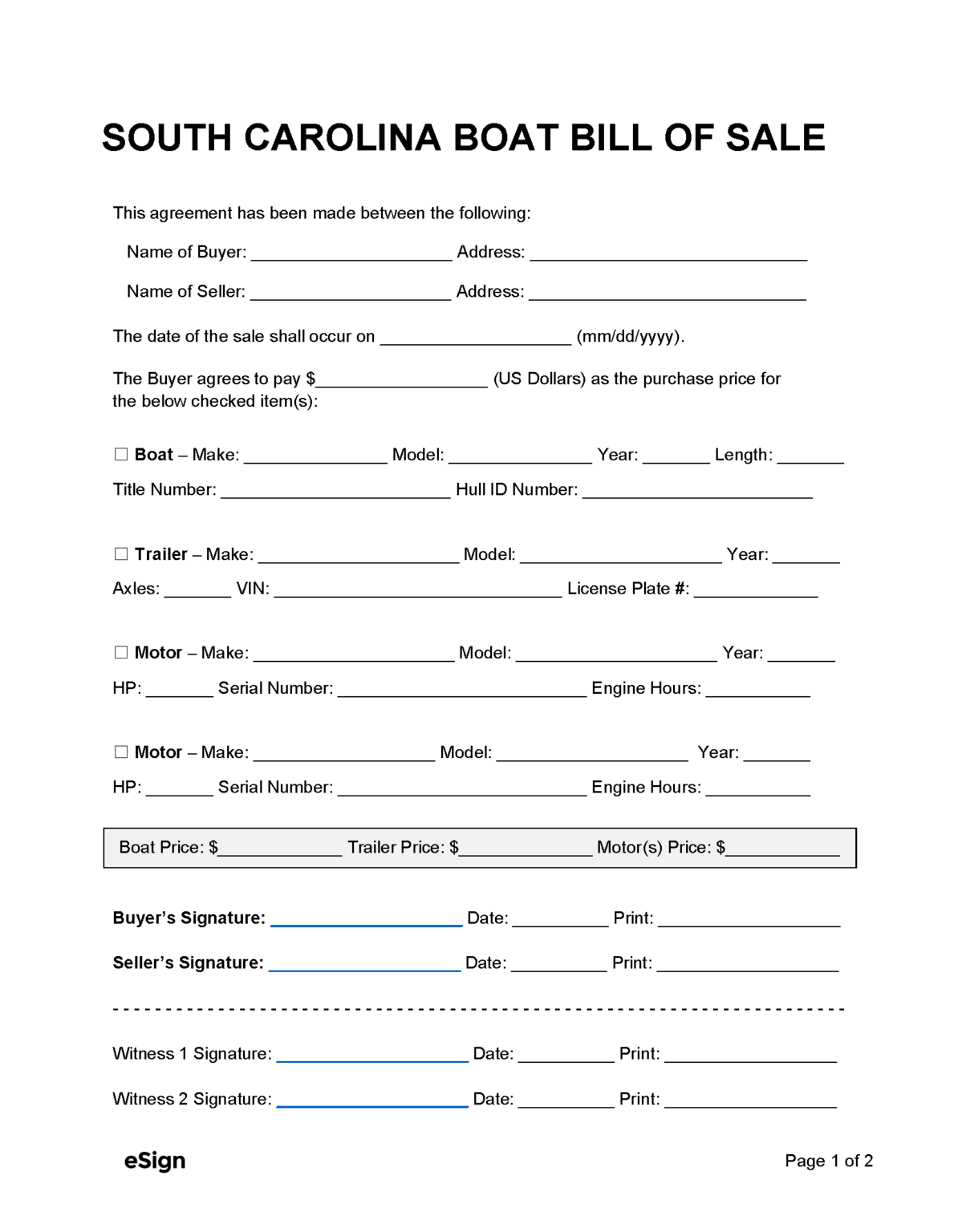 Free South Carolina Bill of Sale Forms | PDF | Word