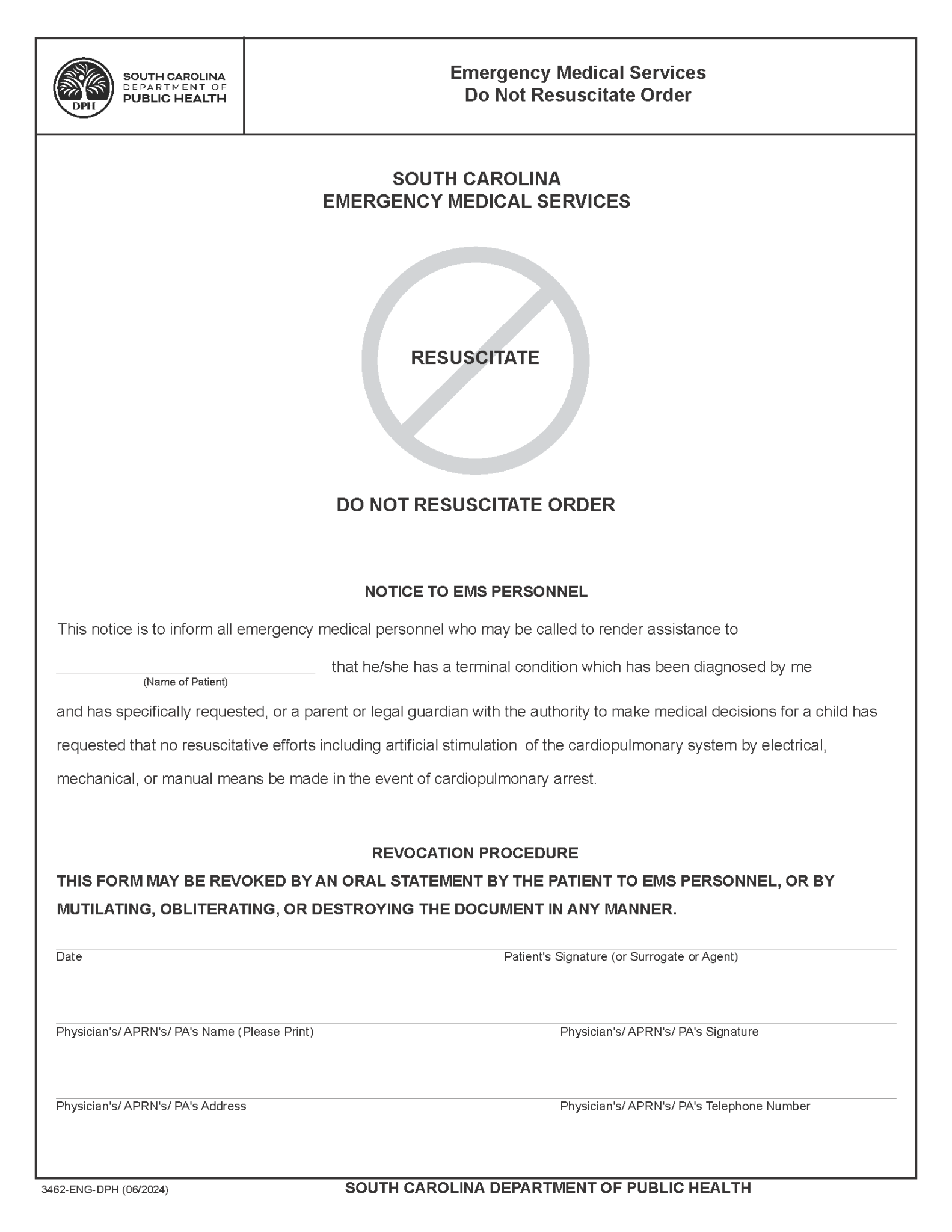 Free South Carolina Do Not Resuscitate (DNR) Form | PDF