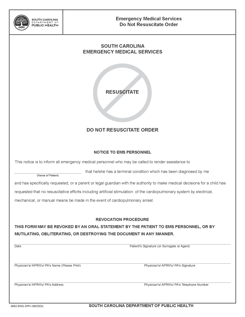 Free South Carolina Do Not Resuscitate (DNR) Form | PDF