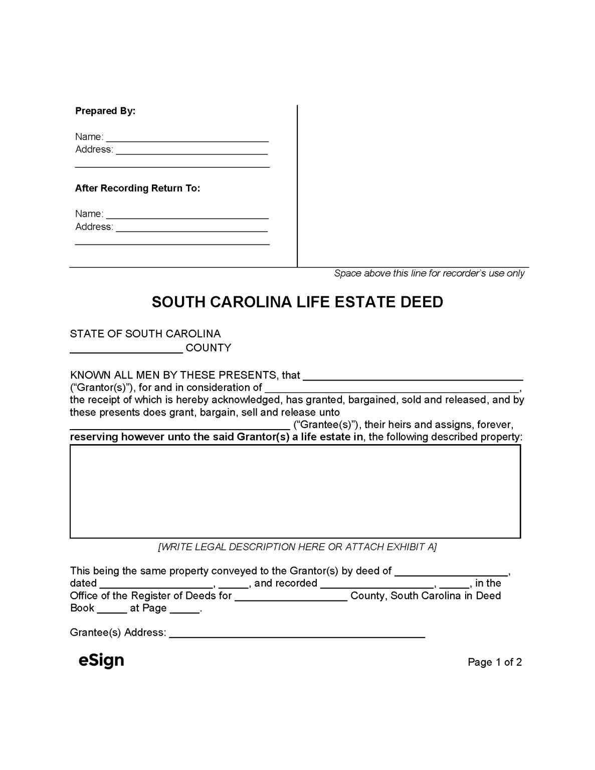 Free South Carolina Life Estate Deed Form | PDF | Word