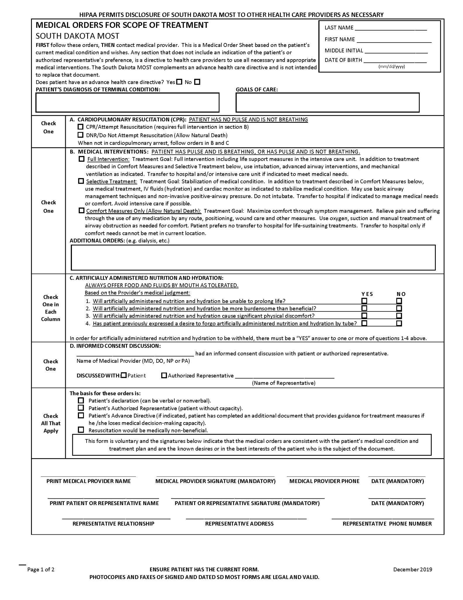 Free South Dakota Do Not Resuscitate (DNR) Form | PDF