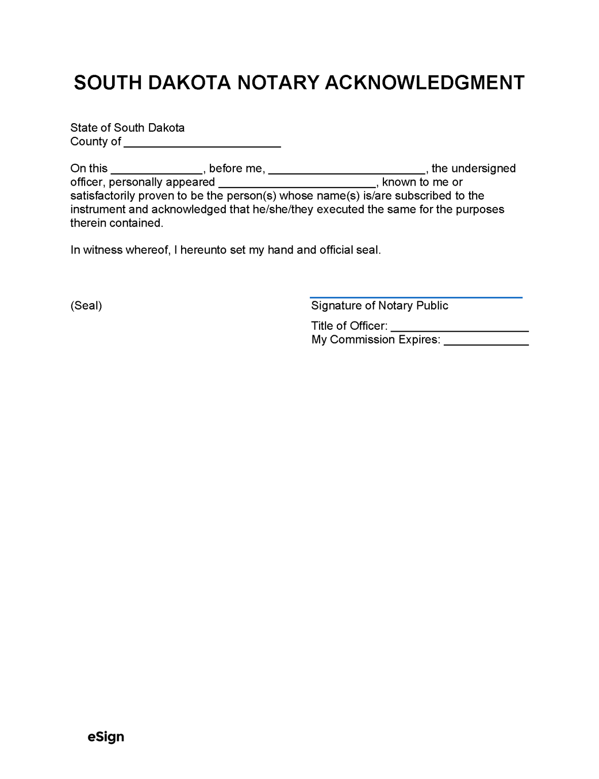 Free South Dakota Notary Acknowledgment Form | PDF | Word