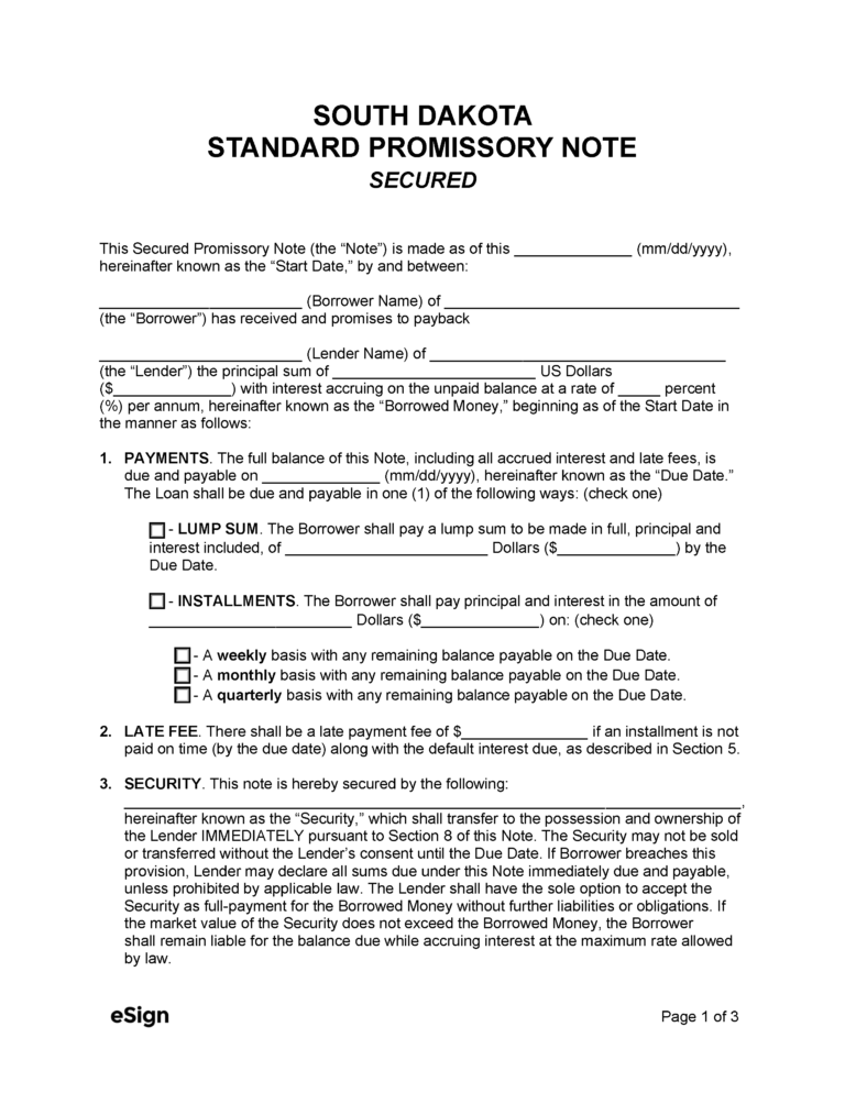 Free South Dakota Secured Promissory Note Template | PDF | Word