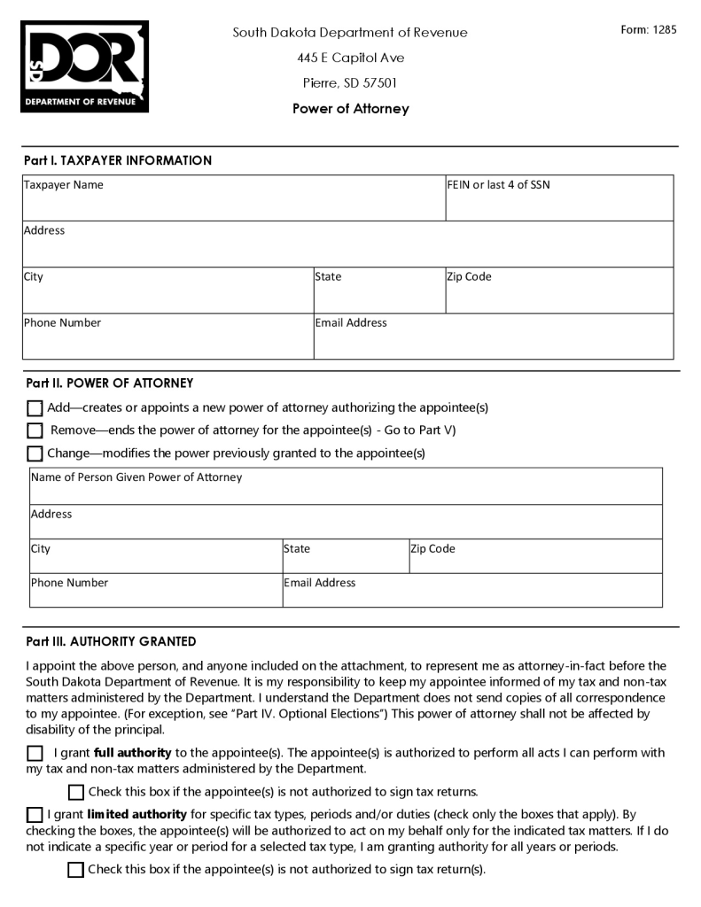 Free South Dakota Tax Power of Attorney (Form 1285) | PDF
