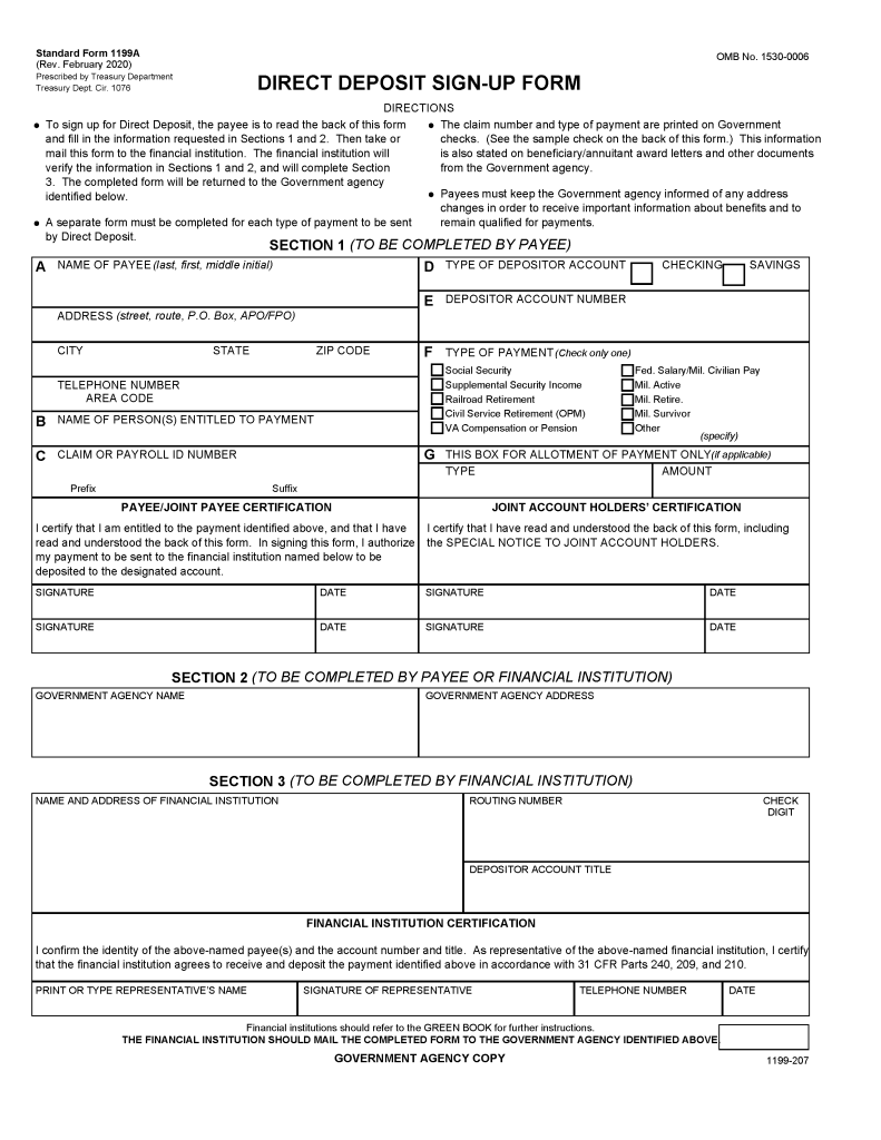 Free Standard Form 1199A - Direct Deposit Authorization | PDF