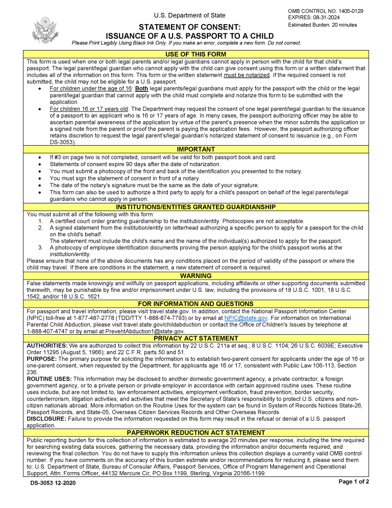 Free Passport Parent Consent Form (DS-3035) | PDF