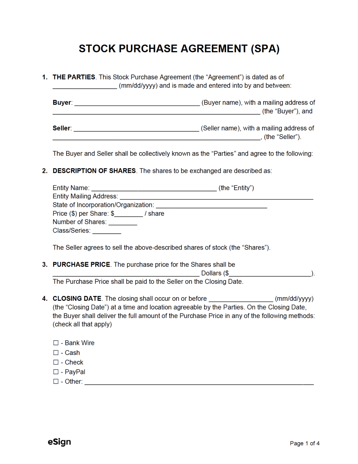 Free Stock Purchase Agreement (SPA) | PDF | Word