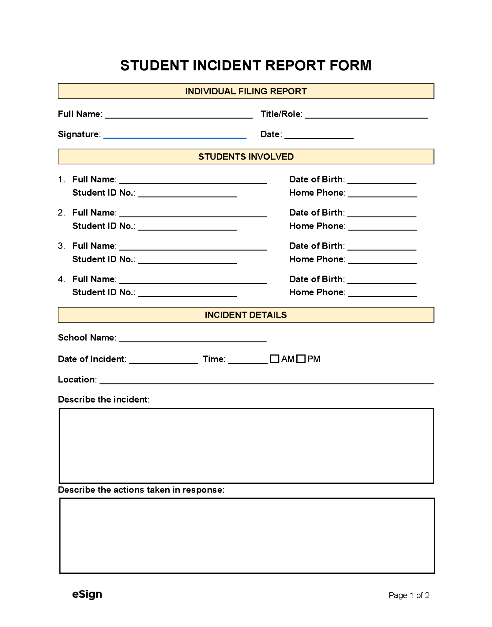 Free Student Incident Report Template | PDF | Word