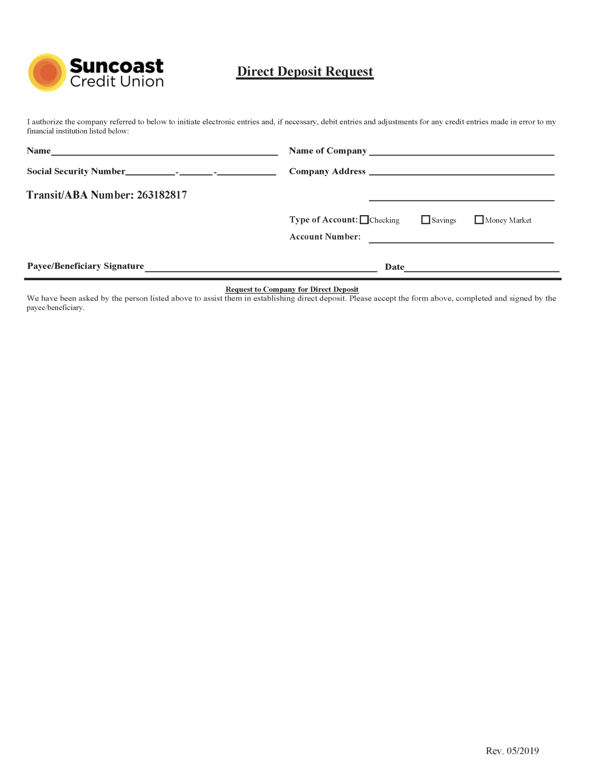 Free Suncoast Credit Union Direct Deposit Form | PDF